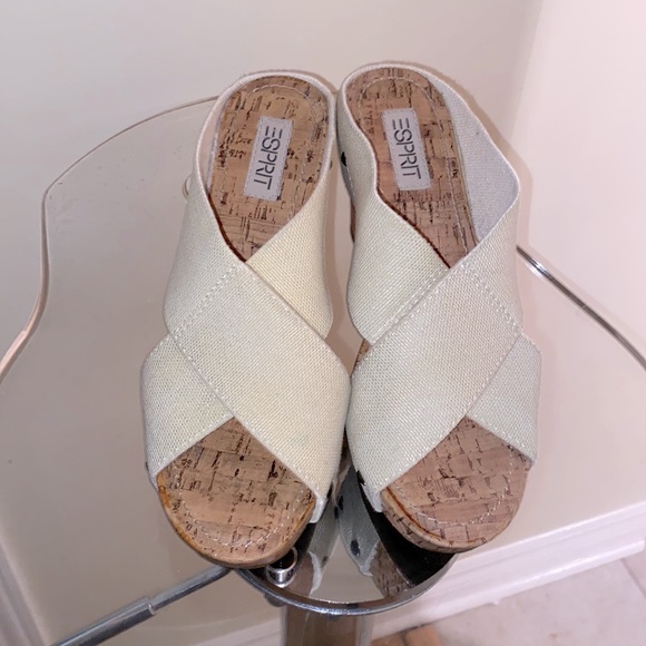 Esprit | Shoes | Esprit Wedge Sandals Cork Off White Webbing Adorned ...